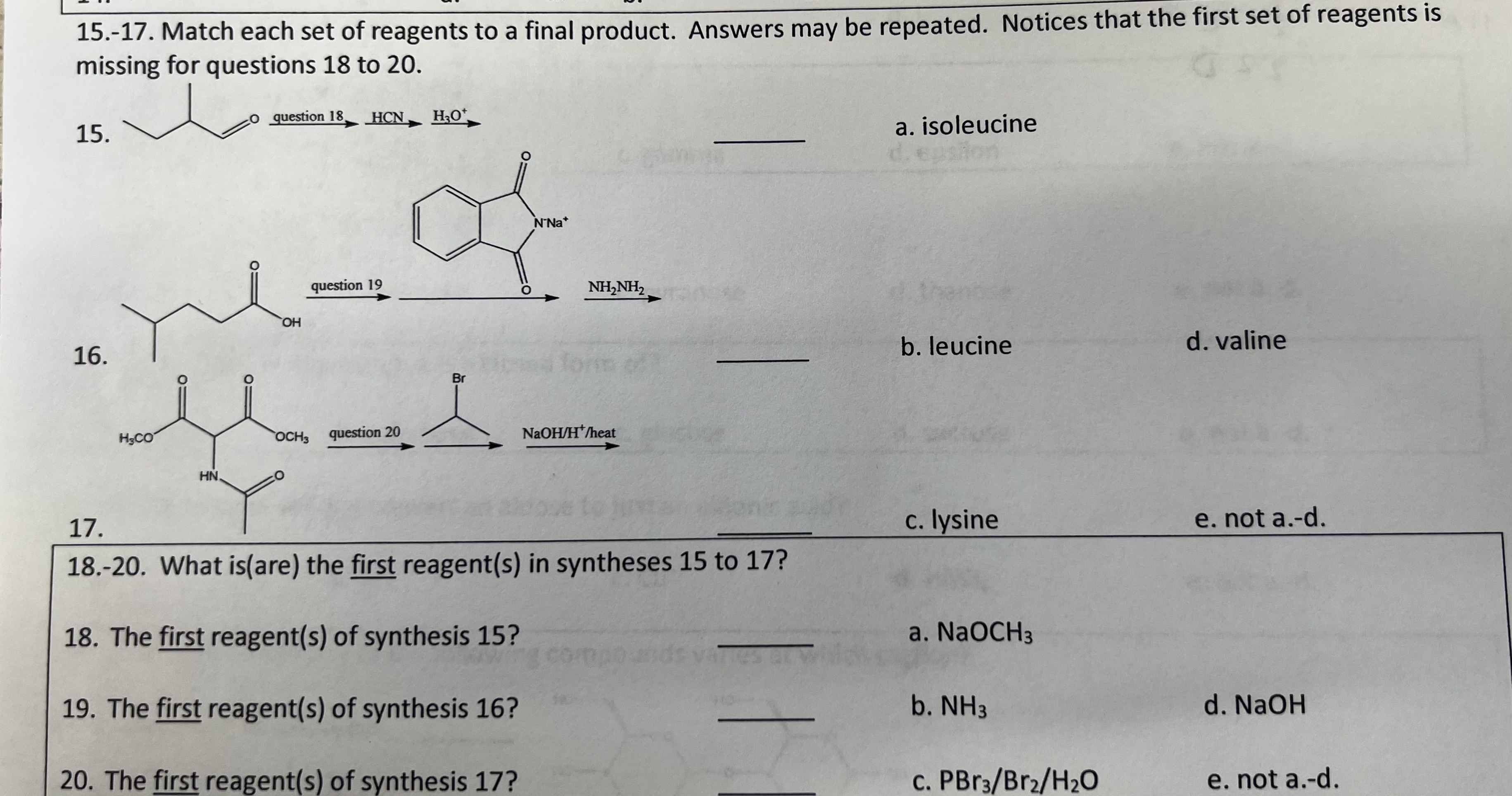 Solved 15.-17. Match each set of reagents to a final | Chegg.com