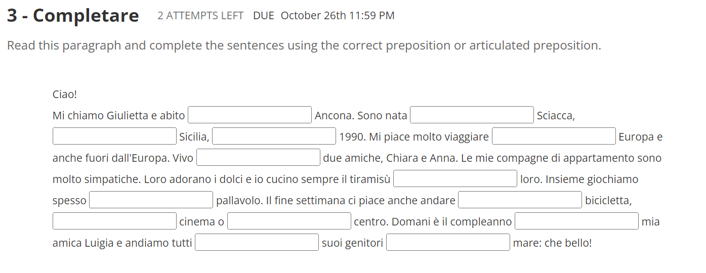Using italian propositions: di, a, in, per, da, con, | Chegg.com