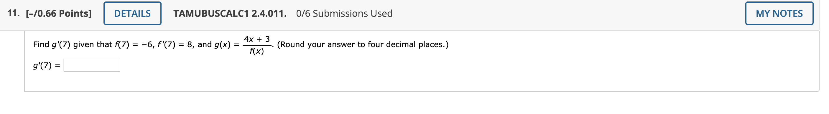 Solved Find g′(7) given that f(7)=−6,f′(7)=8, and | Chegg.com
