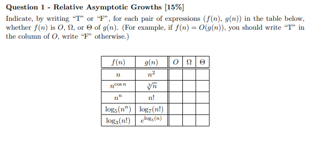 Solved Question 1 - Relative Asymptotic Growths [15\%] | Chegg.com