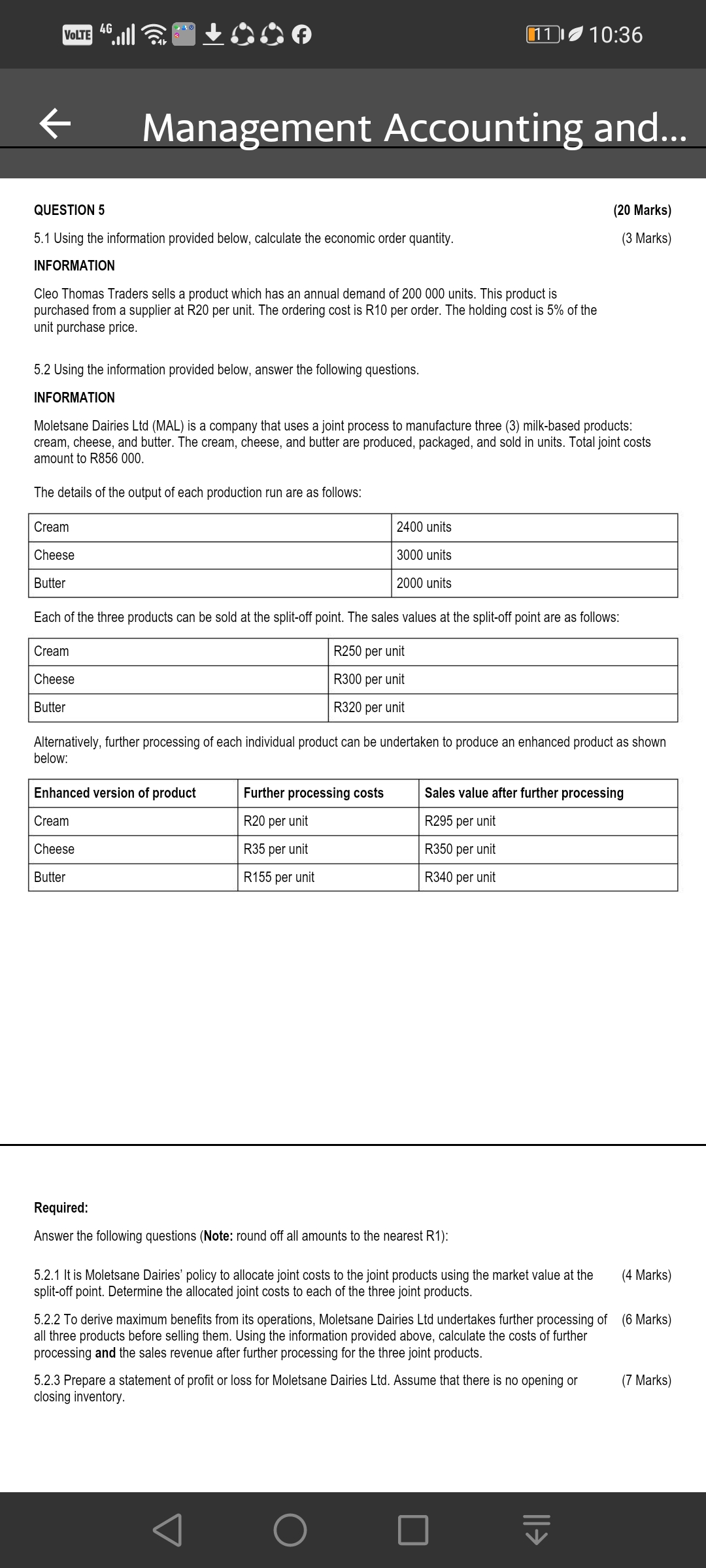 Solved Management Accounting and... QUESTION 5 (20 Marks) | Chegg.com