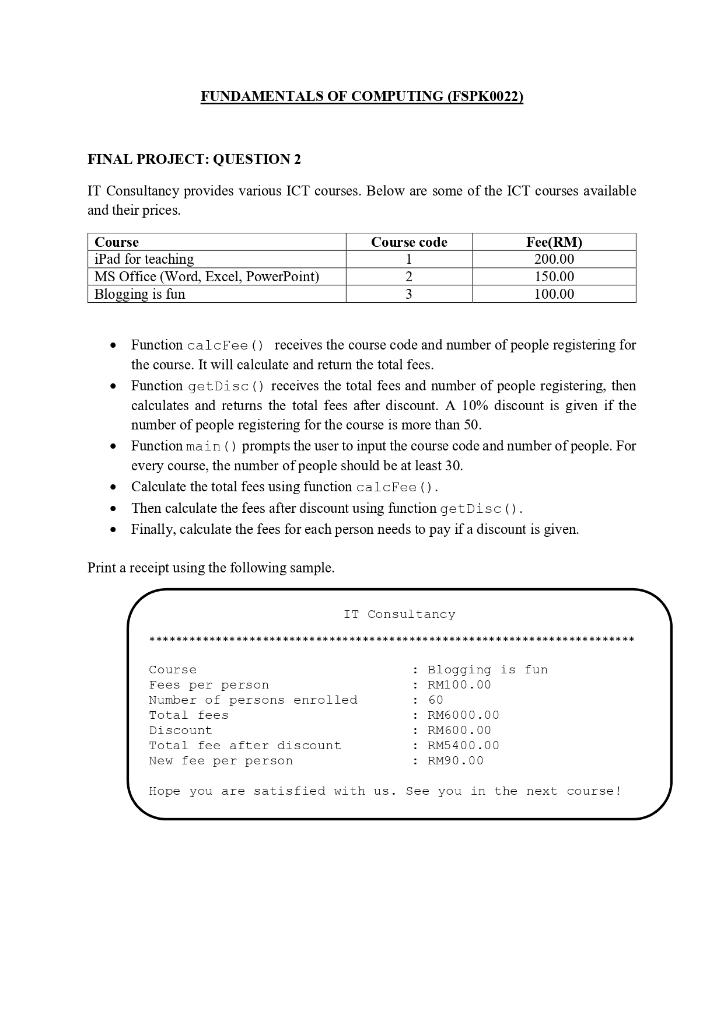 Solved FUNDAMENTALS OF COMPUTING (FSPK0022) FINAL PROJECT: | Chegg.com