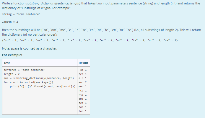 Solved Write a function substring_dictionary (sentence, | Chegg.com