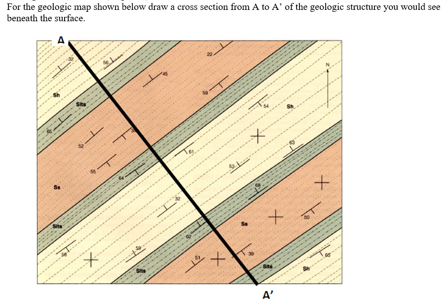 Solved For the geologic map shown below draw a cross section | Chegg.com