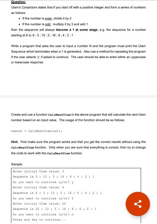 Solved Question: Ulam's Conjecture states that if you start | Chegg.com