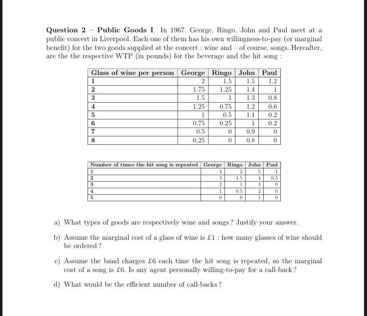 Solved Question 2 - Public Goods I In 1967, George, Ringo, | Chegg.com