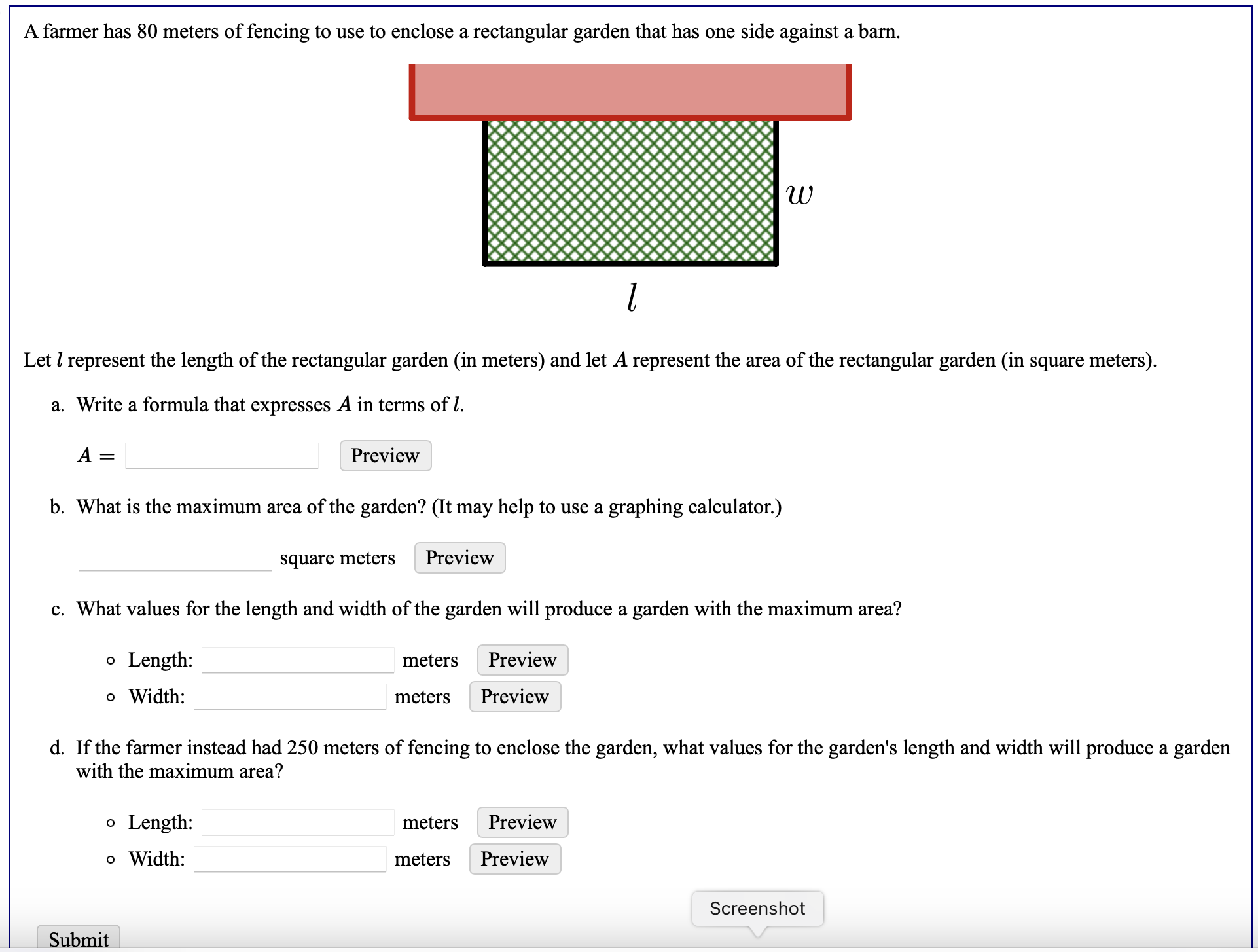 Solved A farmer has 80 ﻿meters of fencing to use to enclose | Chegg.com