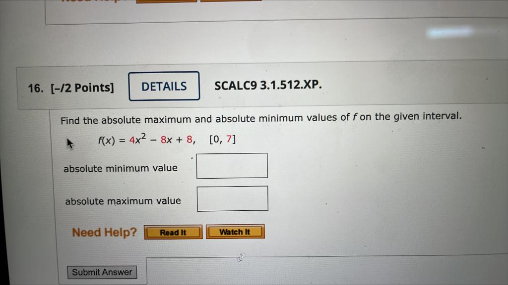 Solved Find the absolute maximum and absolute minimum values | Chegg.com