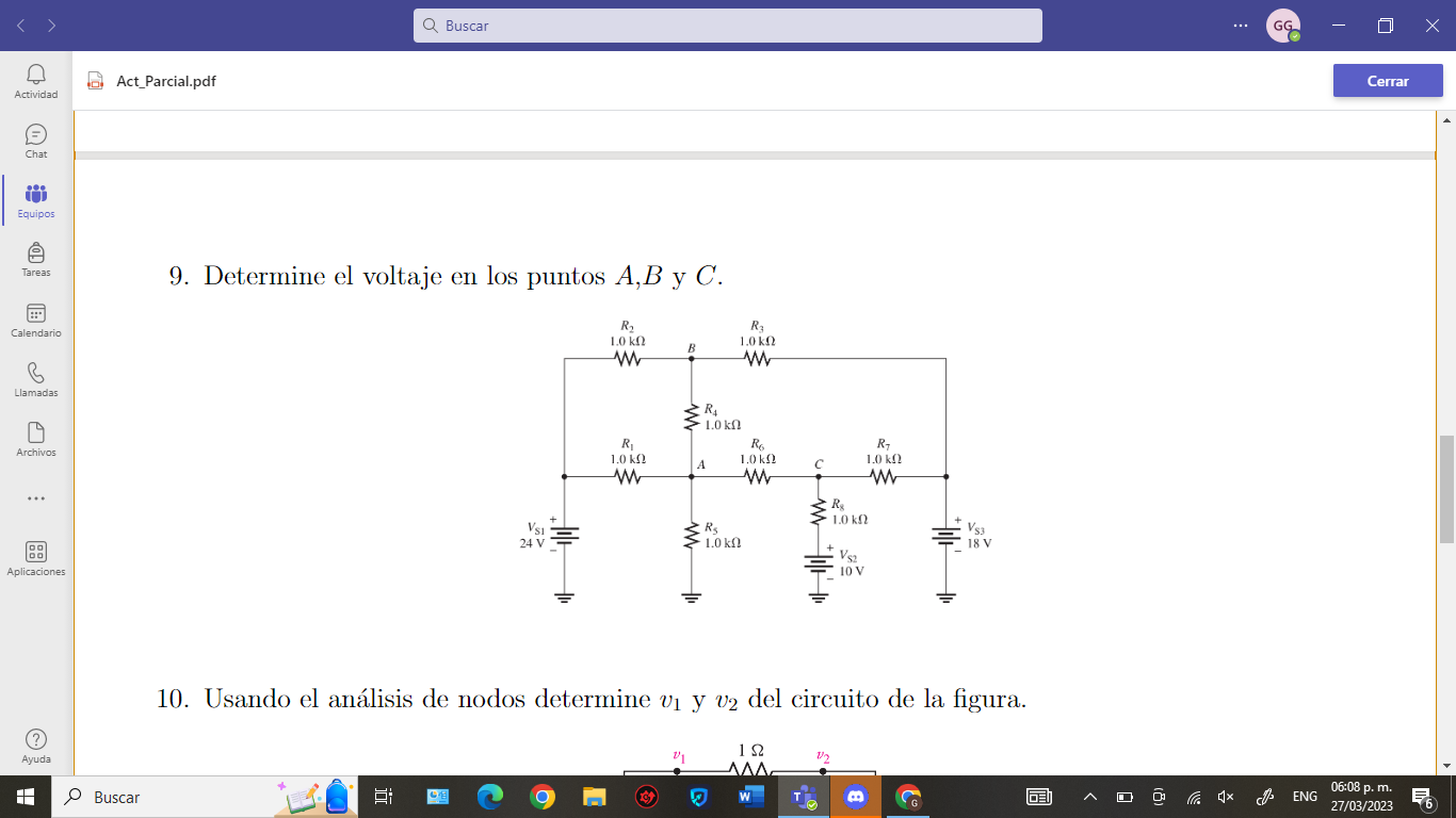 Solved 9. Determine el voltaje en los puntos A,B y C. 10. | Chegg.com