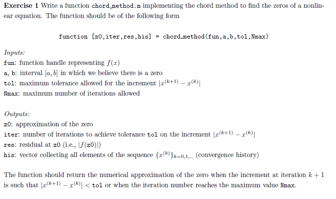 Solved Exercise 1 Write a function chord method.m | Chegg.com
