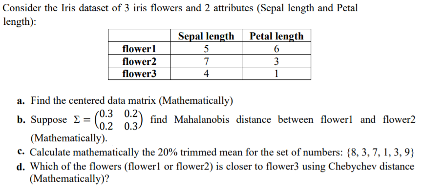 Consider the Iris dataset of 3 iris flowers and 2 | Chegg.com
