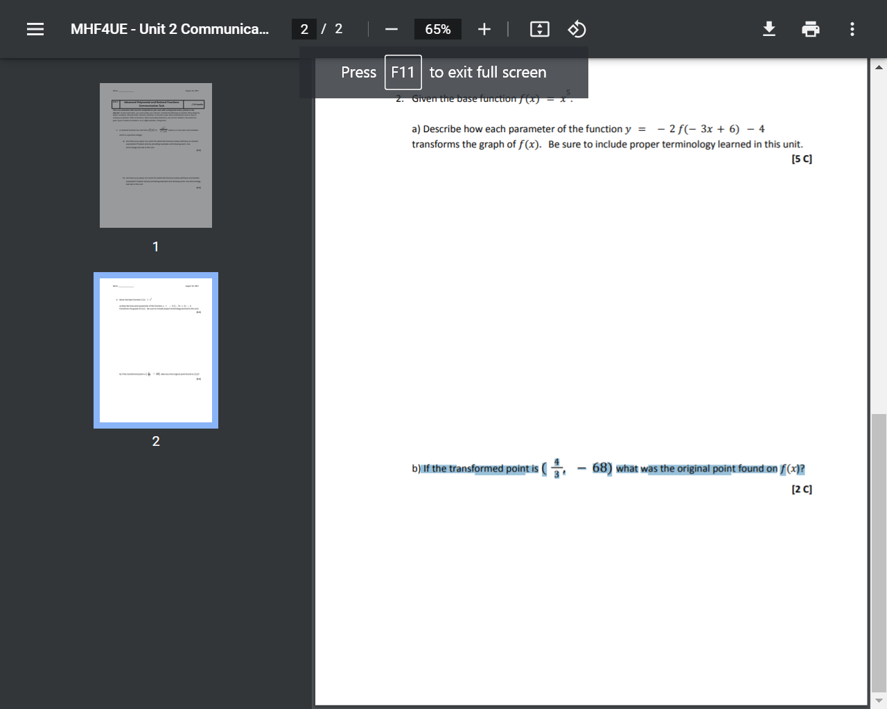 Solved III MHF4UE - Unit 2 Communica... 2 1 2 - 65% + Press | Chegg.com