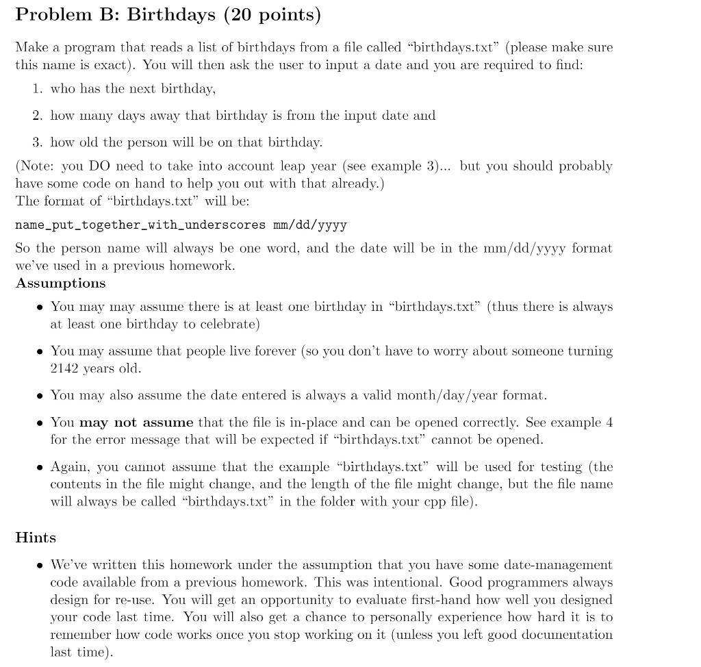 Solved Problem B: Birthdays (20 points) Make a program that | Chegg.com