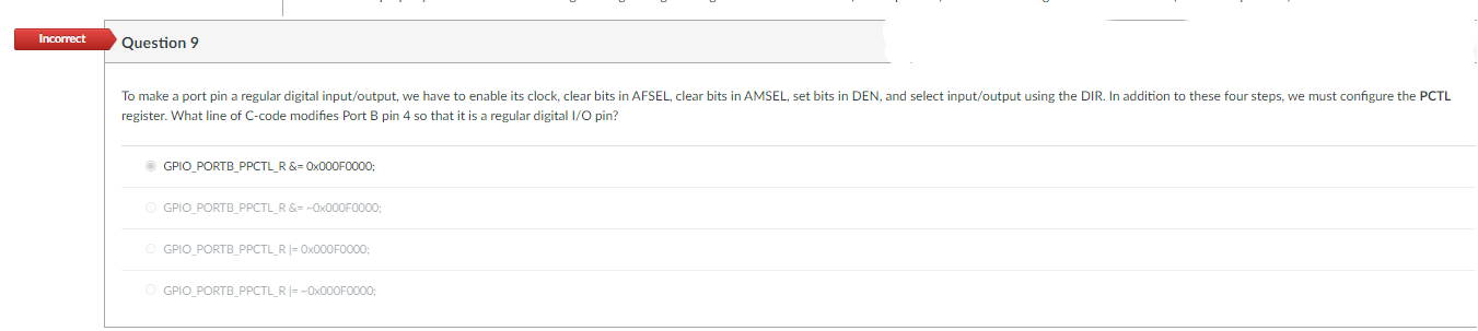 Solved register. What line of C-code modifies Port B pin 4 | Chegg.com