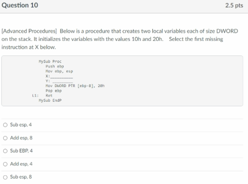 Solved Question 10 2.5 pts [Advanced Procedures) Below is a | Chegg.com