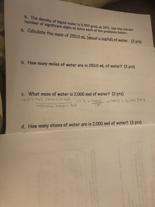 Solved 6. The density of liquid water is 0.997 number of | Chegg.com