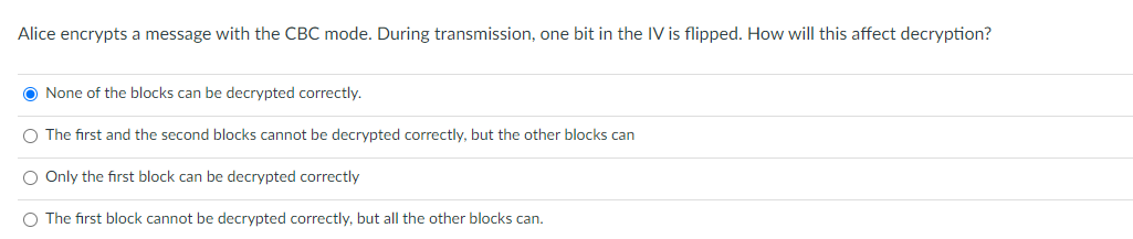 Solved Alice encrypts a message with the CBC mode. During | Chegg.com