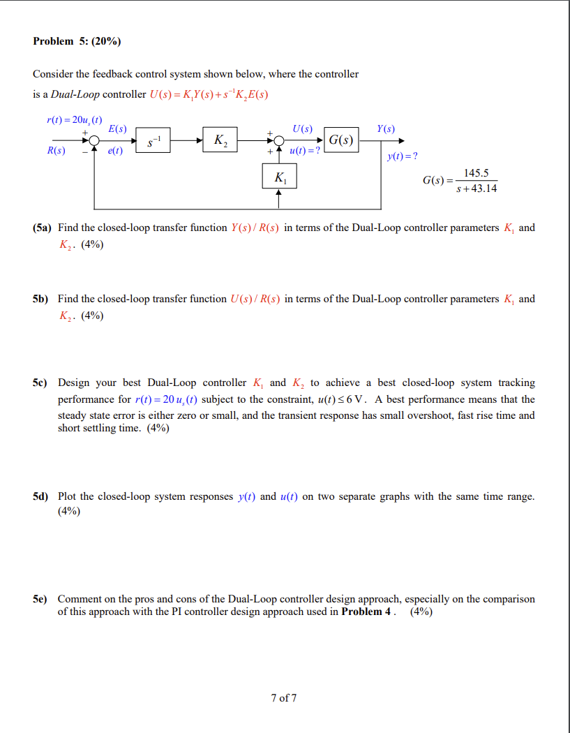 Problem 5: (20%) Consider the feedback control system | Chegg.com