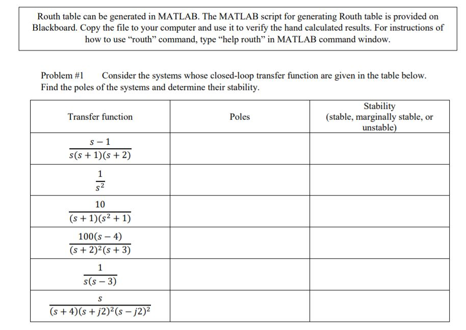 Solved Routh Table Can Be Generated In Matlab The Matlab 3444