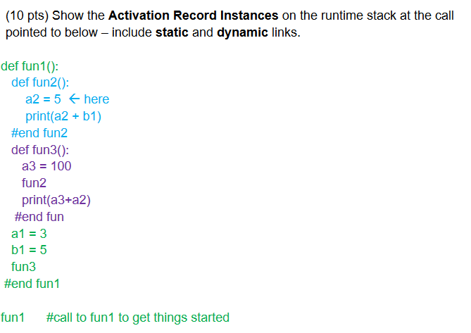 Solved (10 pts) Show the Activation Record Instances on the | Chegg.com