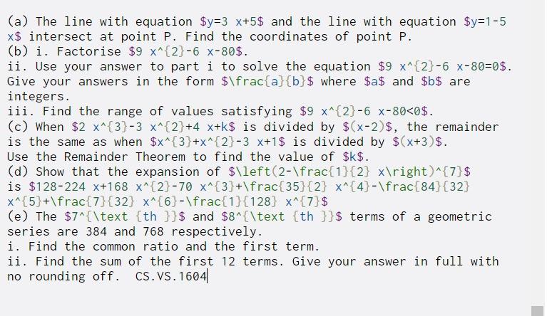Solved (a) The line with equation $y=3 x+5$ and the line | Chegg.com