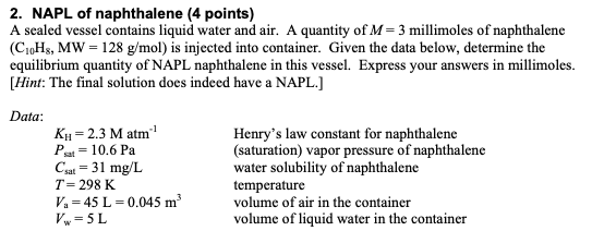 Solved 2. NAPL of naphthalene (4 points) A sealed vessel | Chegg.com