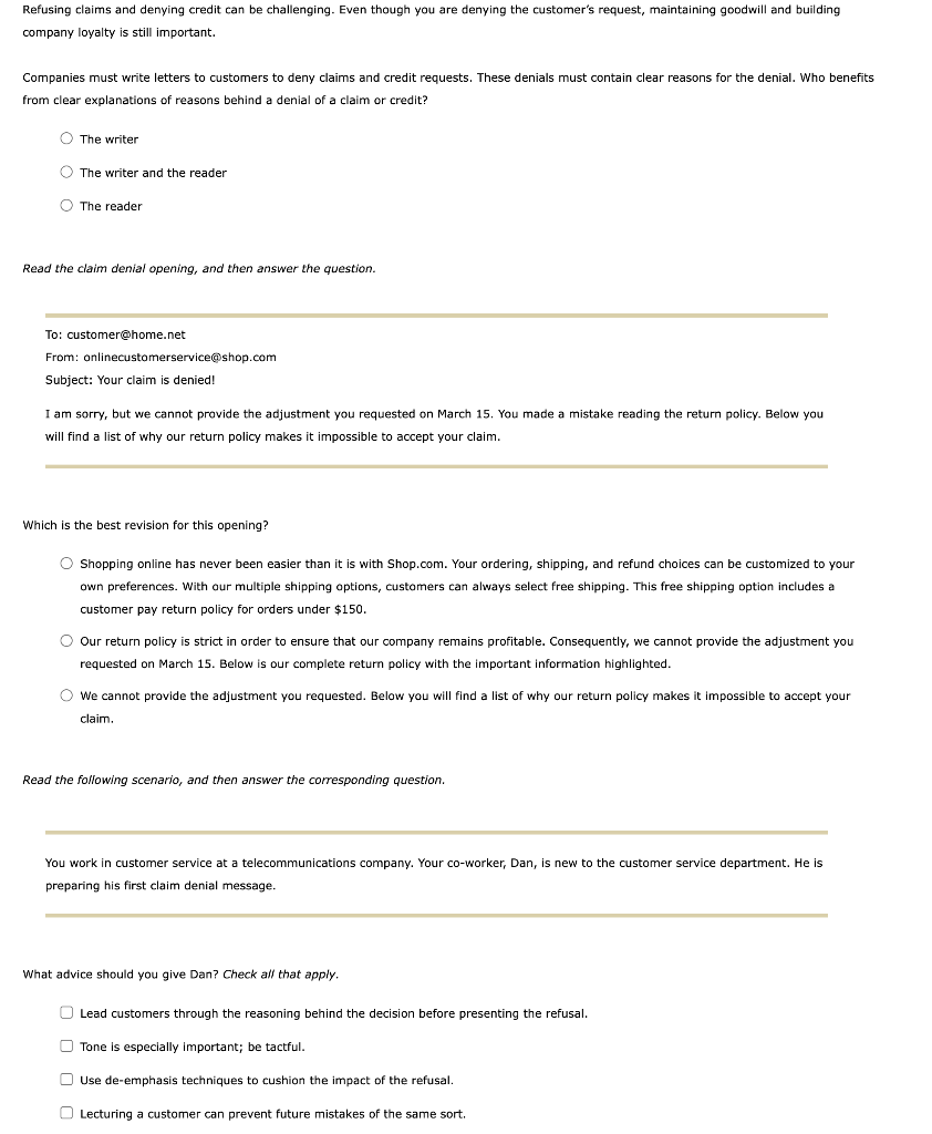 Solved Refusing claims and denying credit can be | Chegg.com