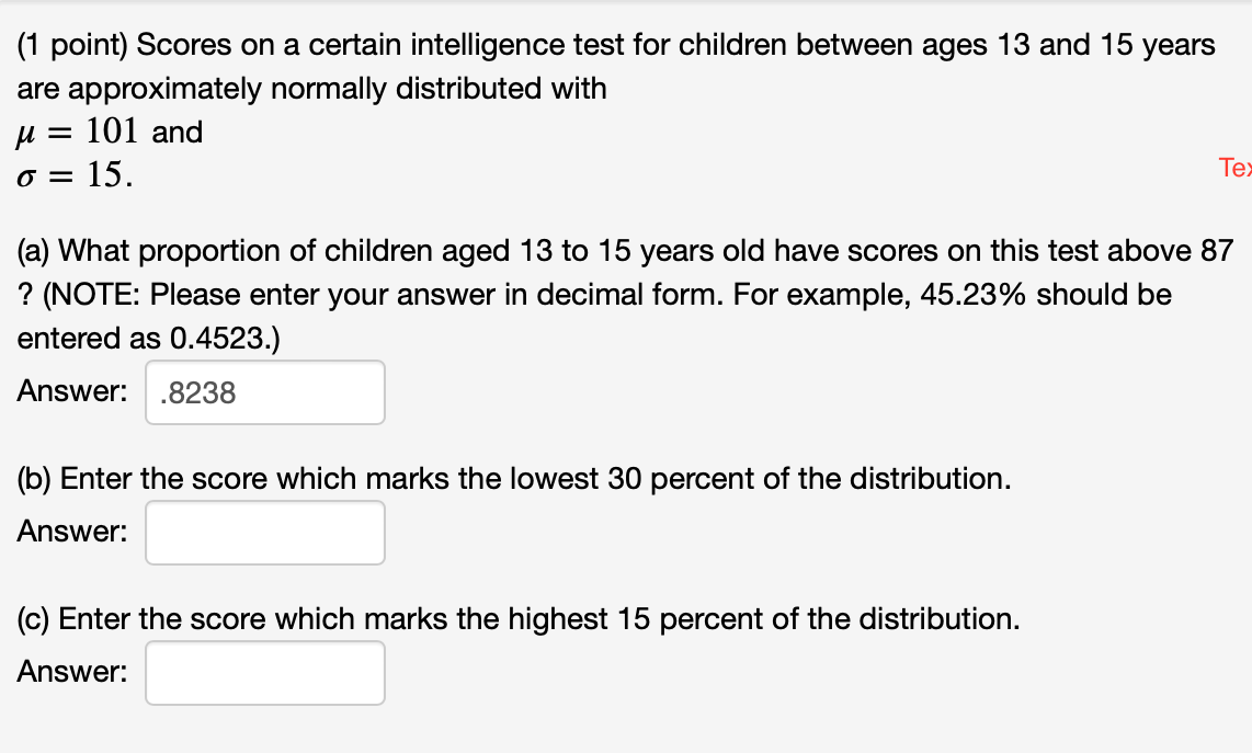 Solved (1 point) Scores on a certain intelligence test for | Chegg.com