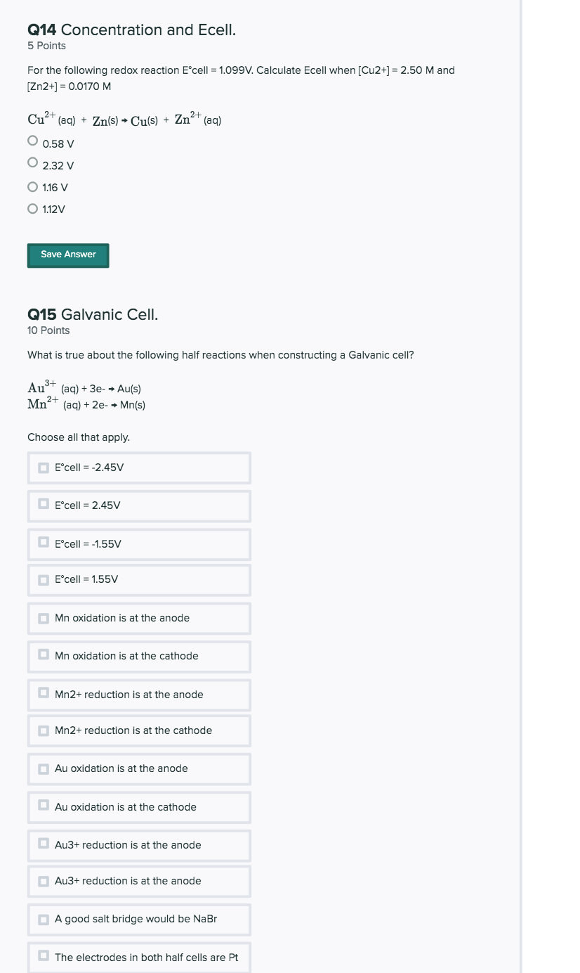 Solved Q14 Concentration and Ecell. 5 Points For the | Chegg.com