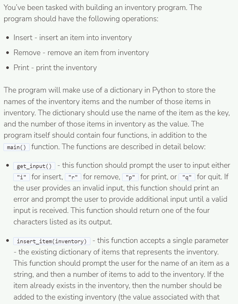 Solved You've been tasked with building an inventory | Chegg.com