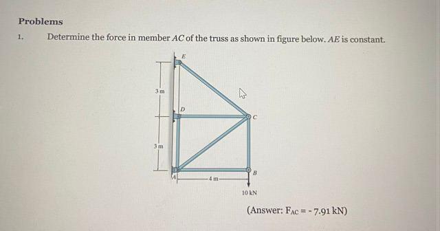 Solved Problems 1. Determine the force in member AC of the | Chegg.com