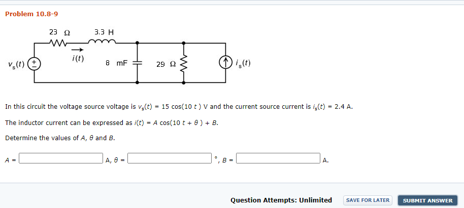 Solved Problem 10.8-9 23 22 3.3 H i(t) vs(t) 8 mF 29 12 In | Chegg.com