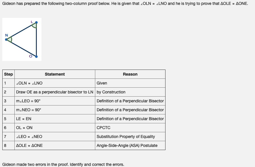 Solved Gideon has prepared the following two-column proof | Chegg.com