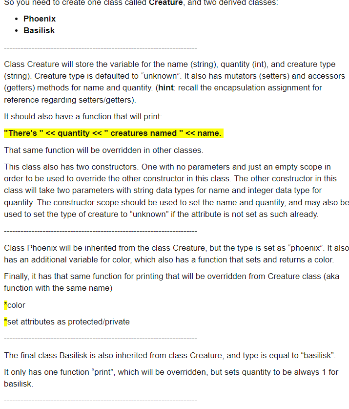 Solved So you need to create one class called creature, and | Chegg.com