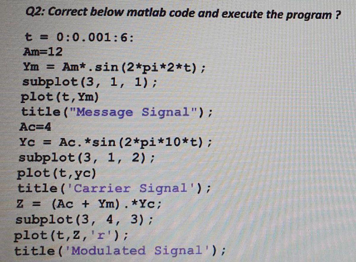 Solved Q2: Correct below matlab code and execute the program | Chegg.com