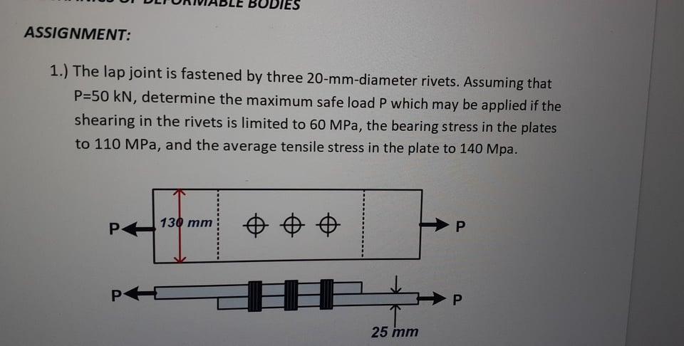 Solved The lap joint is fastened by three 20-mm-diameter | Chegg.com