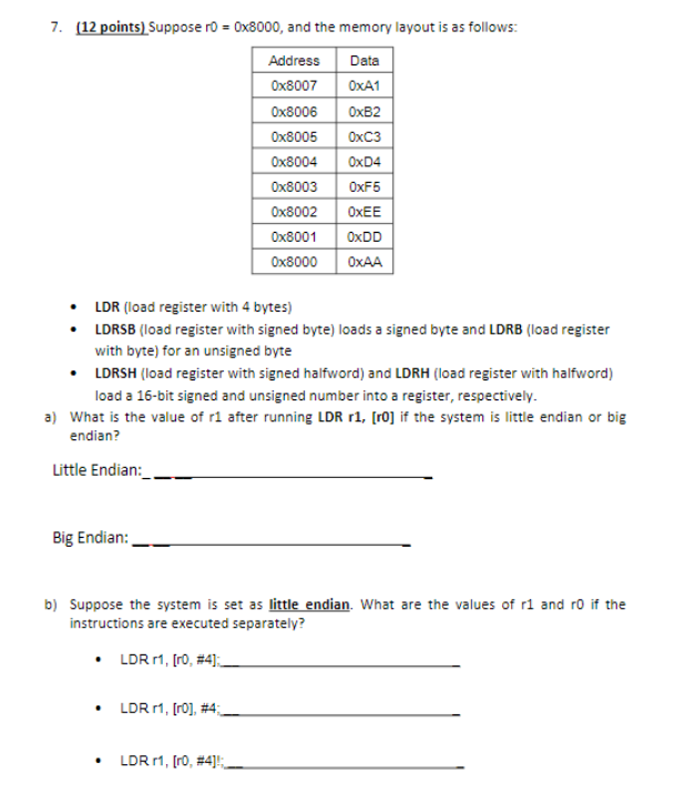 Solved 7. (12 points) Suppose ro = 0x8000, and the memory | Chegg.com
