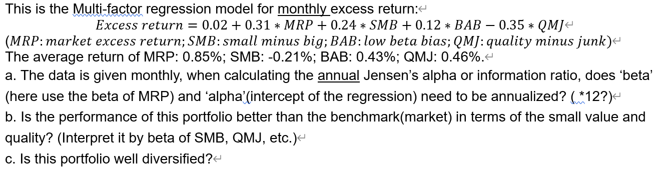 This is the Multi-factor regression model for monthly | Chegg.com