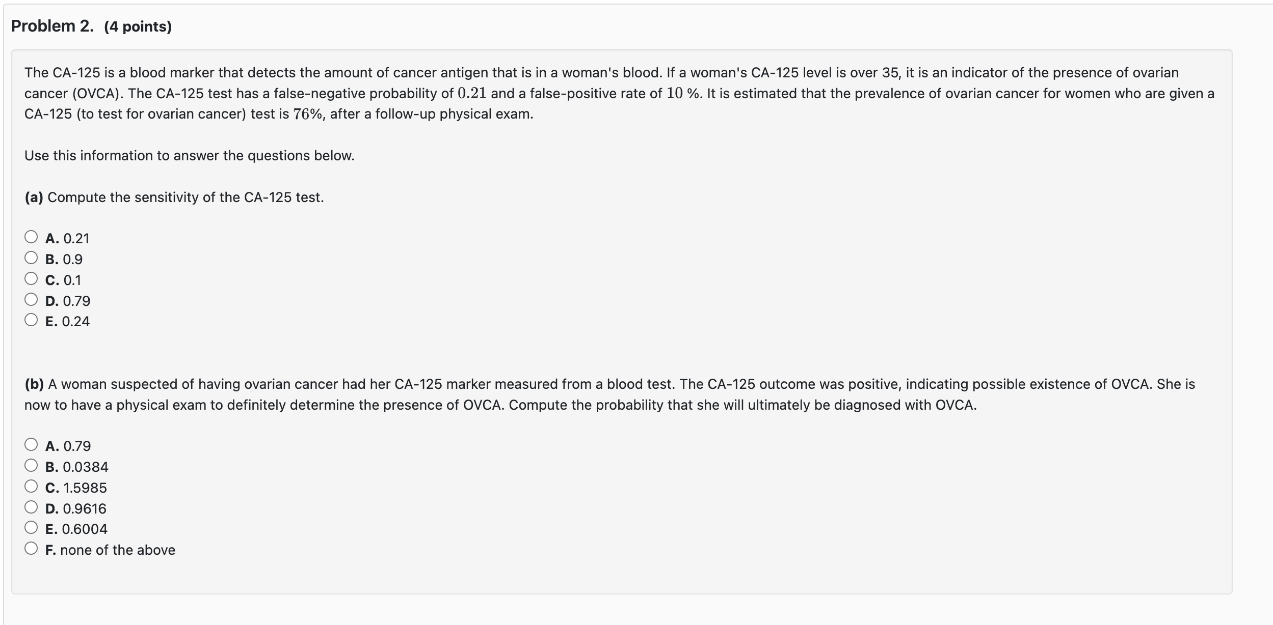 Solved Problem 2. (4 ﻿points)The CA-125 ﻿is a blood marker | Chegg.com