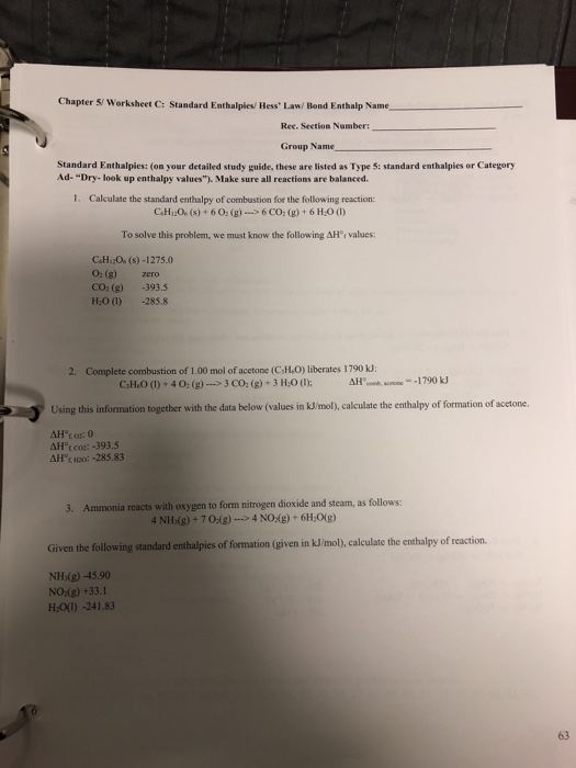 Solved Chapter 3/ Worksheet C: Standard Enthalpies/ Hess' | Chegg.com