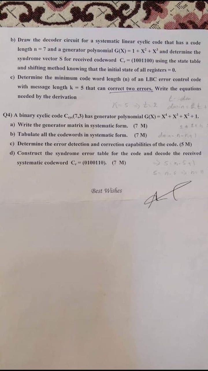 Solved b) Draw the decoder circuit for a systematic linear | Chegg.com