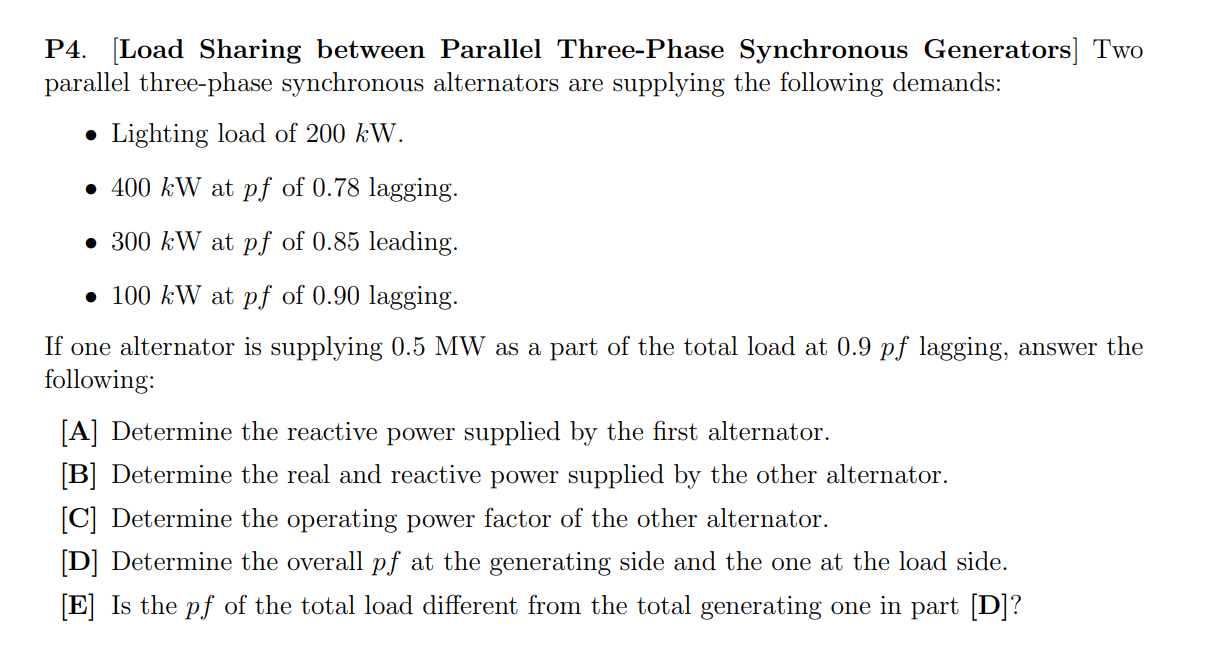 Solved P4. [Load Sharing between Parallel Three-Phase | Chegg.com