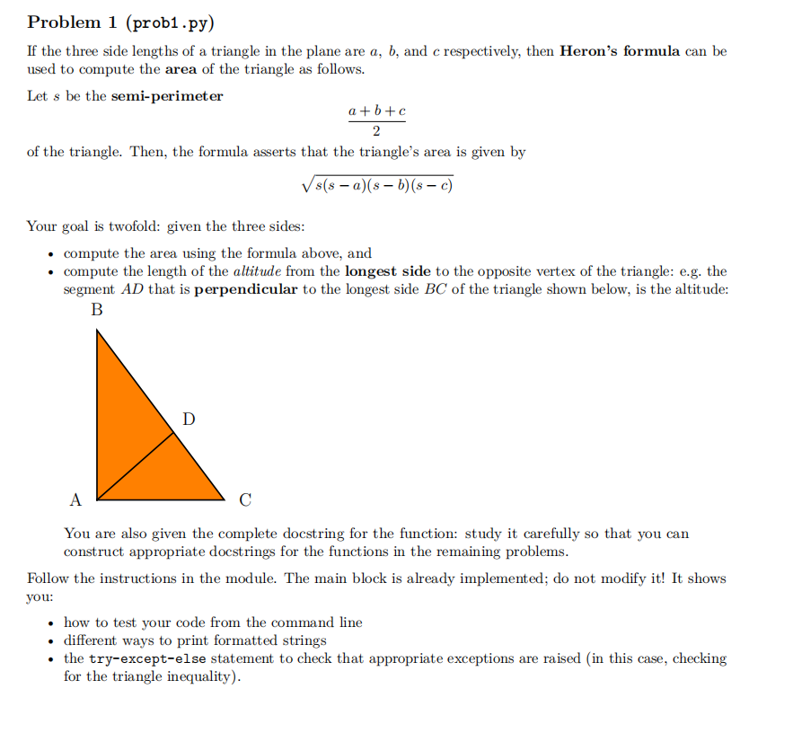 Solved Problem 1 (prob1.py) If the three side lengths of a | Chegg.com