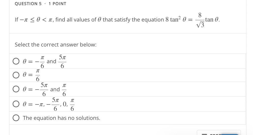 Solved QUESTION 5 - 1 ﻿POINTIf -π≤θ