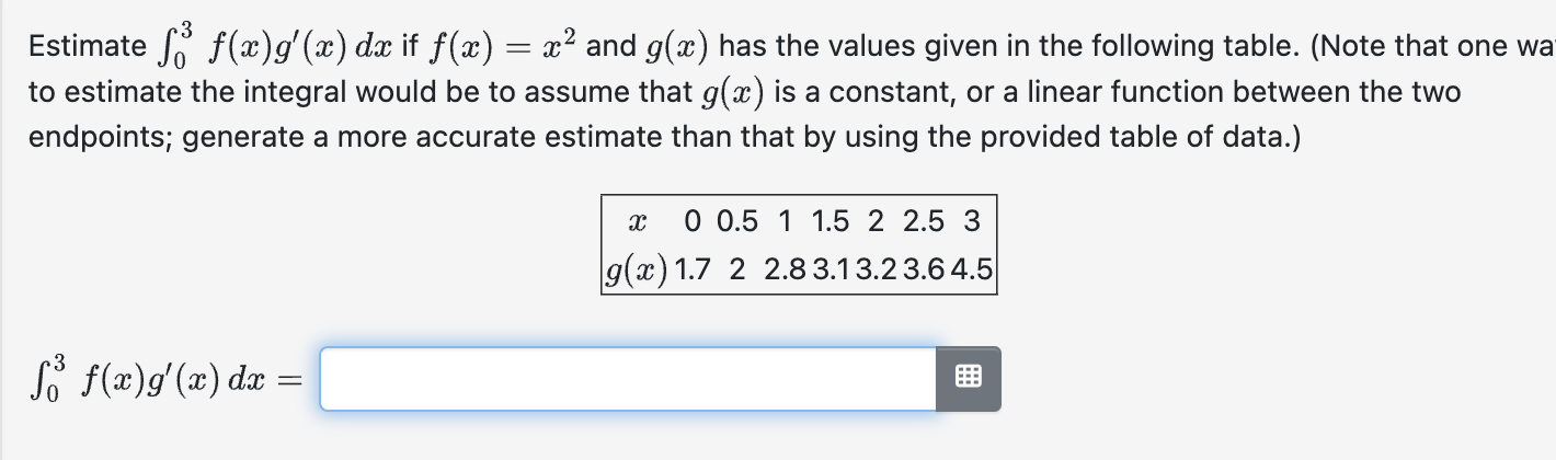 Solved Estimate ∫03f(x)g'(x)dx ﻿if f(x)=x2 ﻿and g(x) ﻿has | Chegg.com