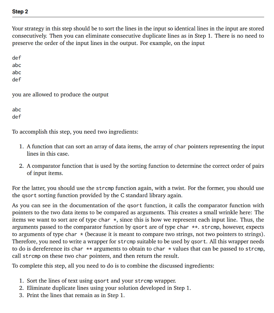 Step 1 Implement a C program unique.c that recreates | Chegg.com