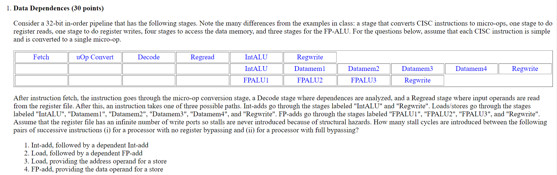Solved Consider a 32-bit in-order pipeline that has the | Chegg.com