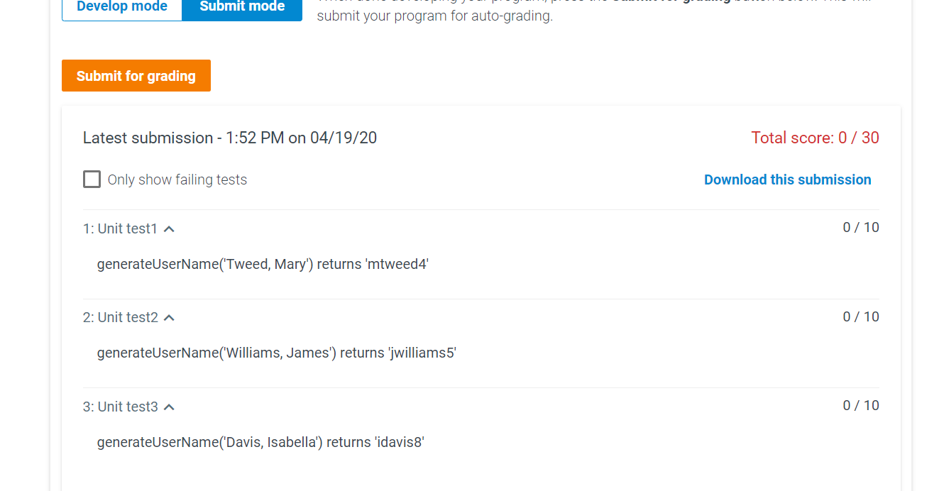 Solved Develop mode Submit mode submit your program for | Chegg.com