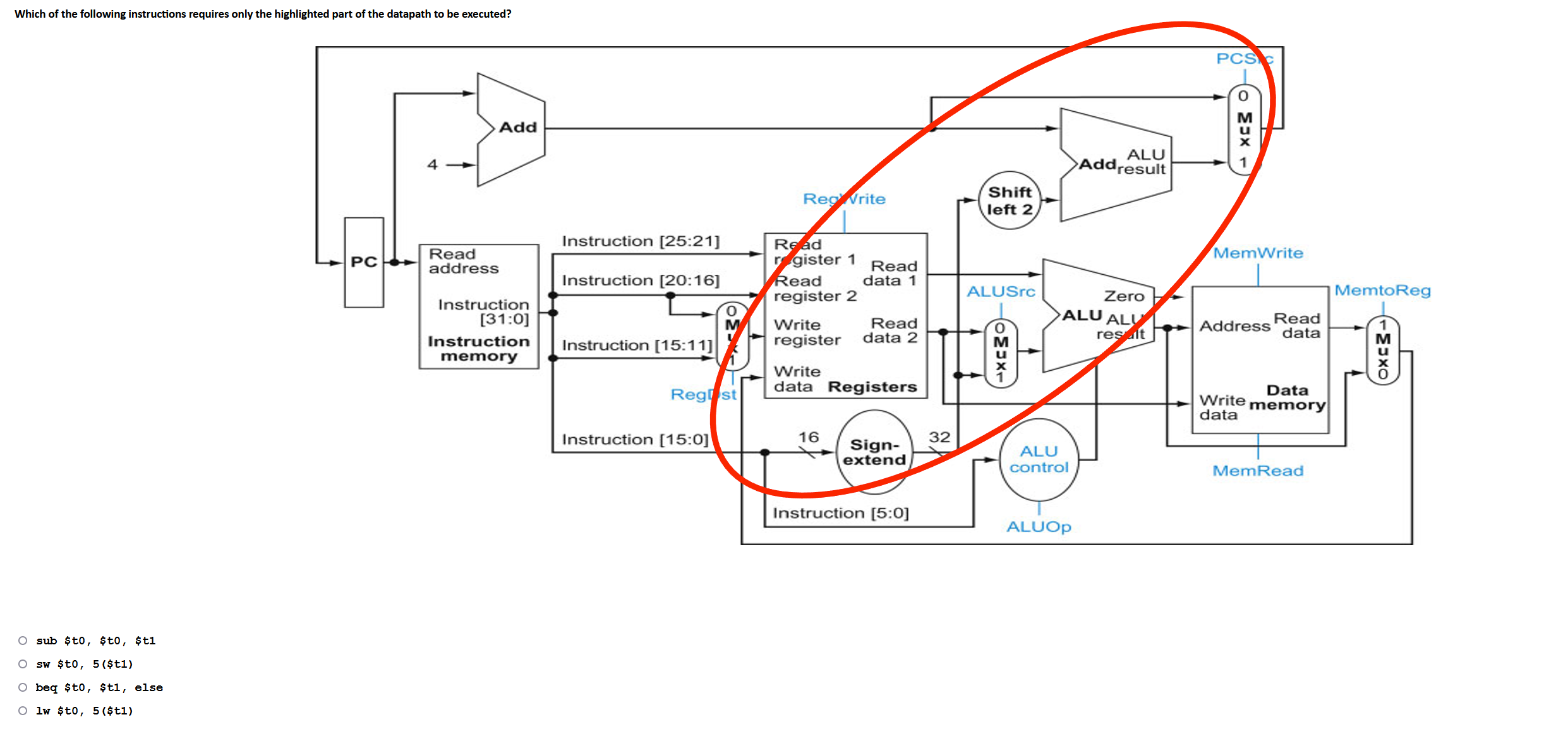 Solved sub \$t0, \$t0, \$t1 sw \$t0, 5($t1) beq $t0,$t1, | Chegg.com
