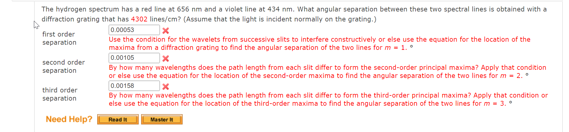 Solved The hydrogen spectrum has a red line at 656 nm and a | Chegg.com